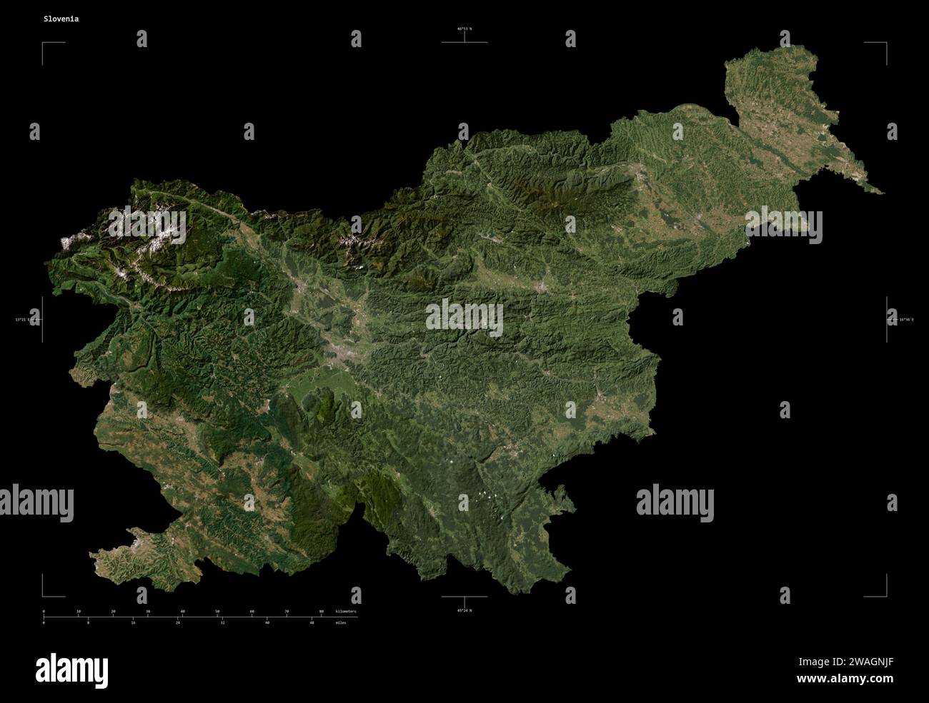 Shape of a low resolution satellite map of the Slovenia, with distance ...