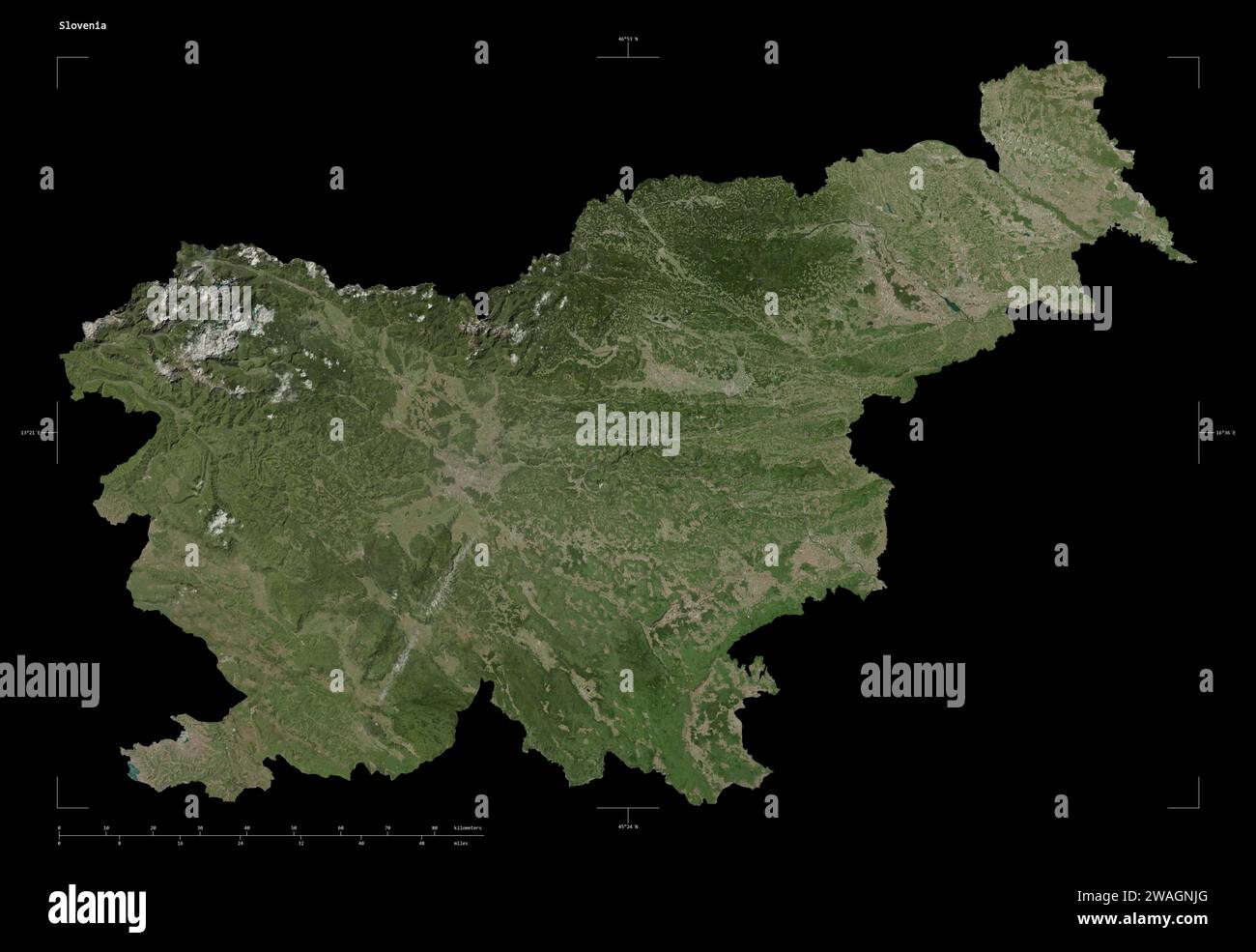 Shape of a high resolution satellite map of the Slovenia, with distance ...