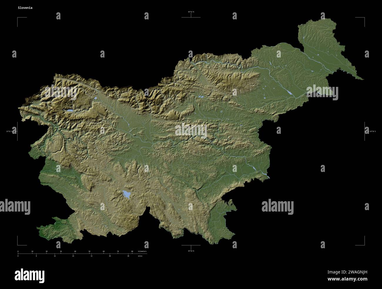 Shape of a Pale colored elevation map with lakes and rivers of the Slovenia, with distance scale ...