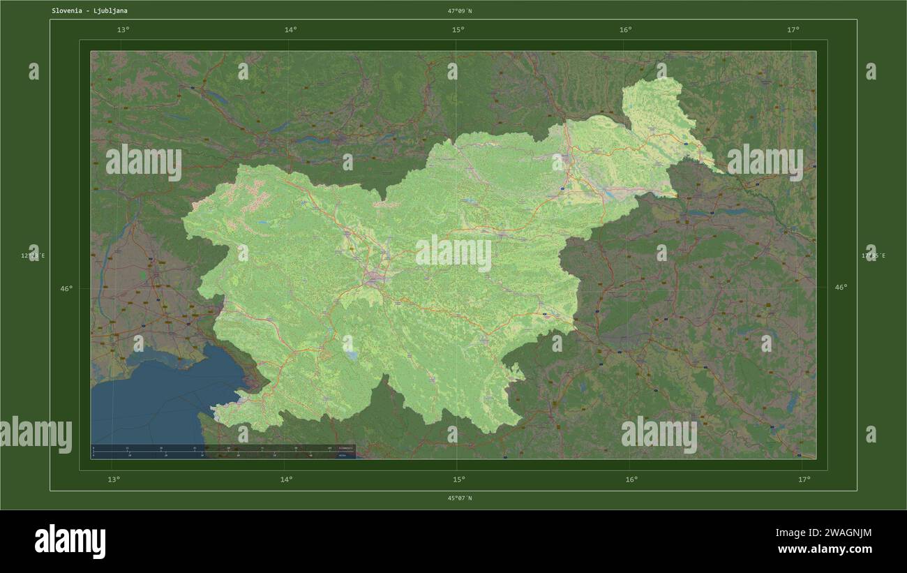 Slovenia highlighted on a topographic, OSM Germany style map map with ...