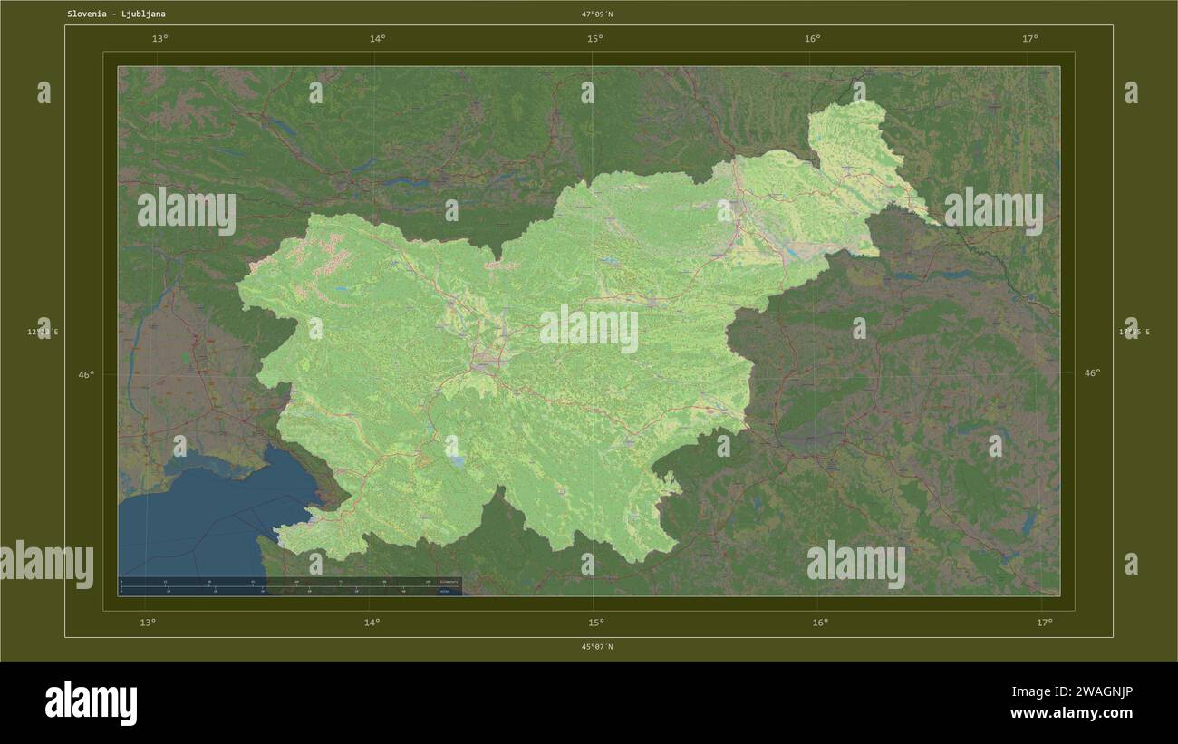 Slovenia highlighted on a topographic, OSM standard style map map with ...