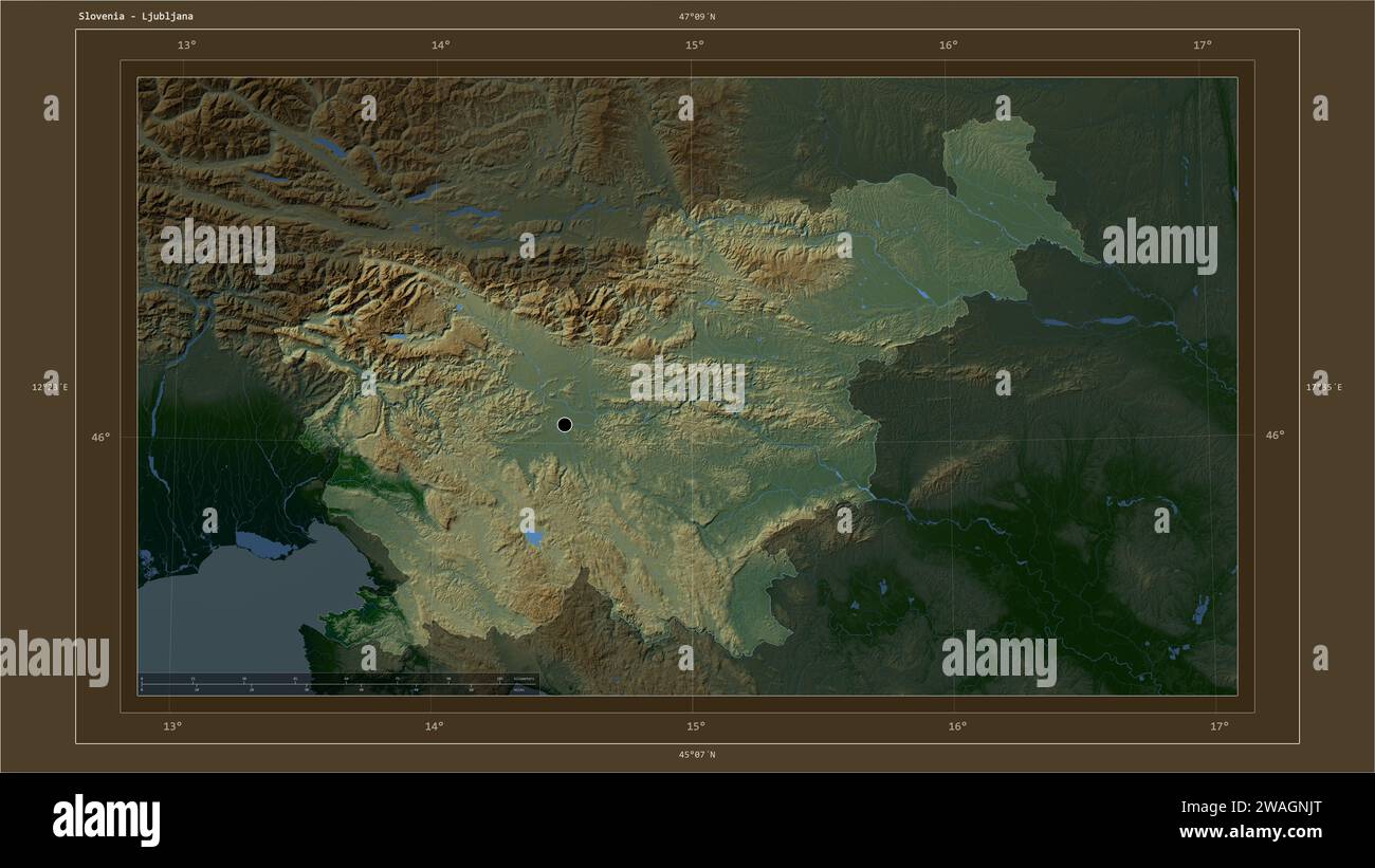 Slovenia highlighted on a Colored elevation map with lakes and rivers ...