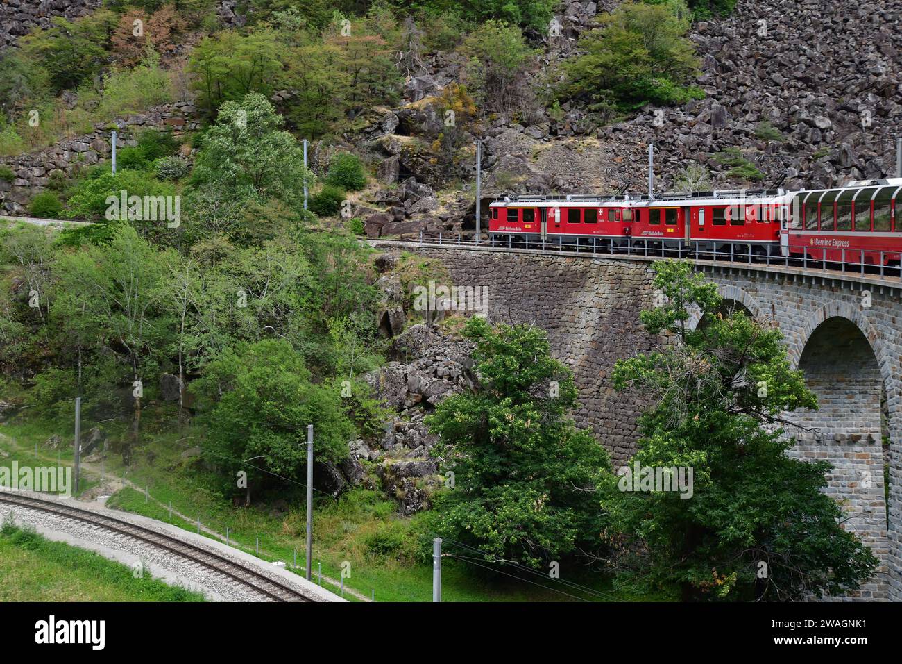 Bernina Express crossing the Brusio spiral viaduct on its way to Tirano ...