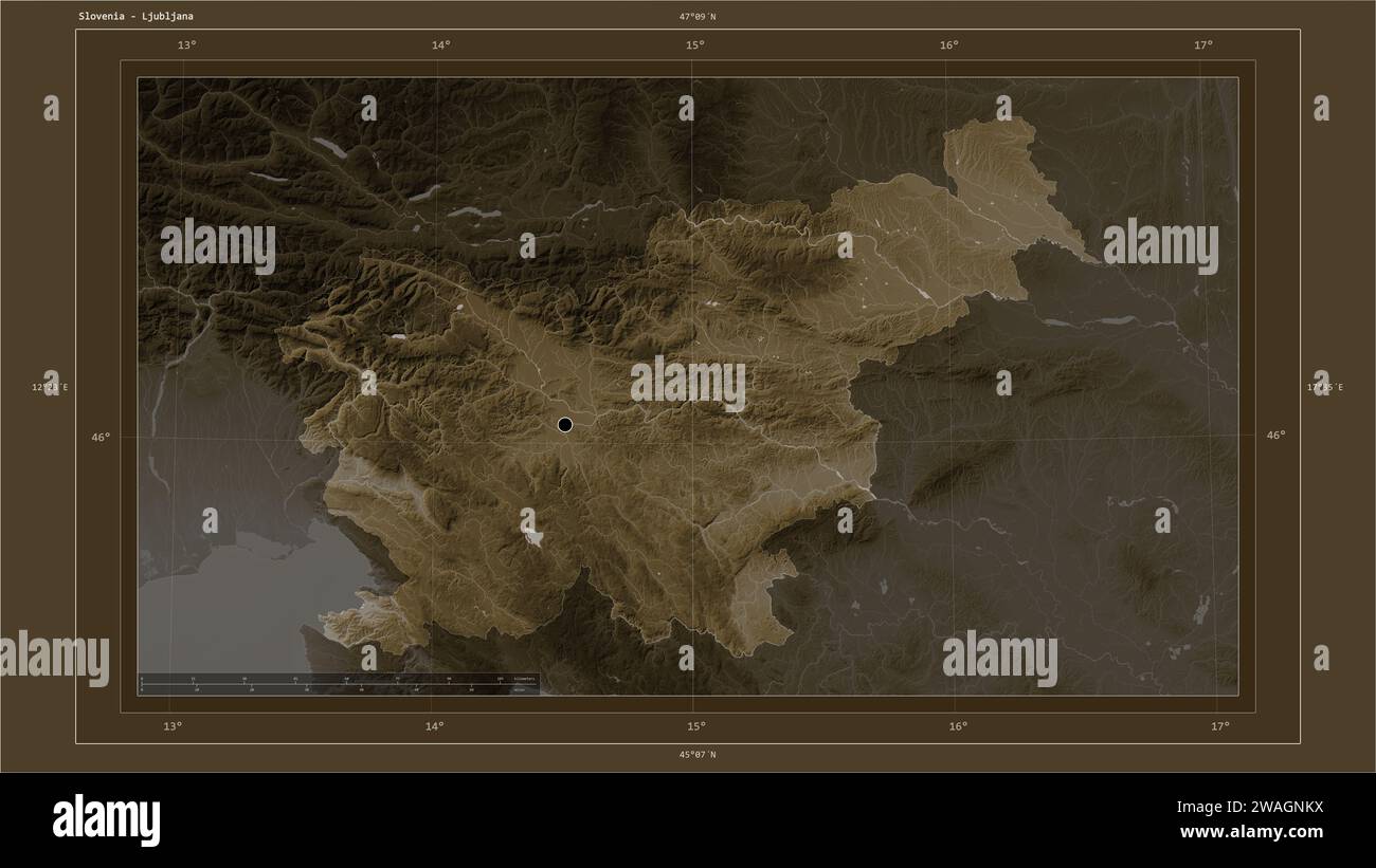 Slovenia highlighted on a elevation map colored in sepia tones with ...