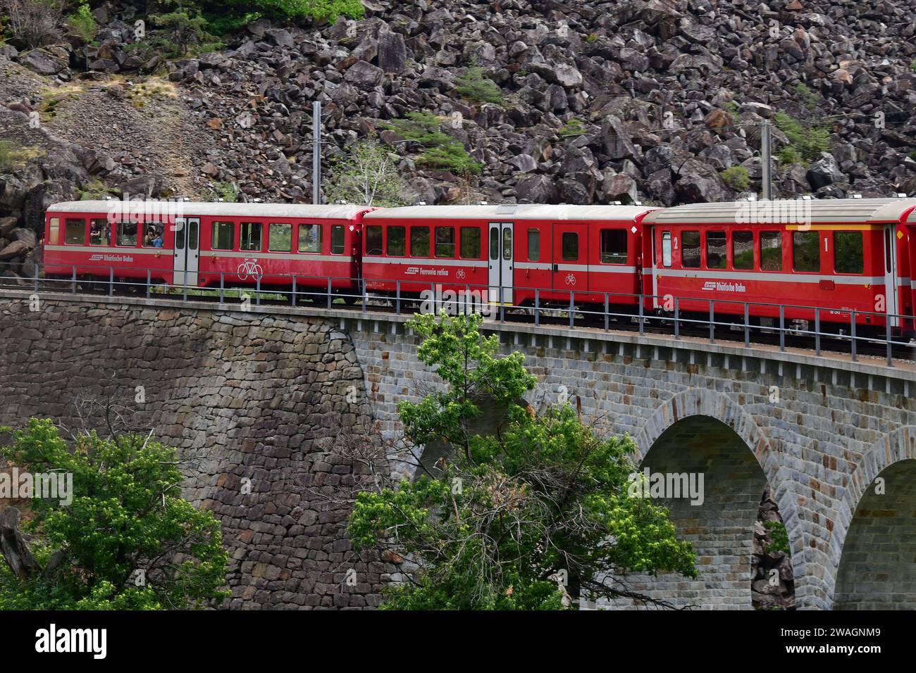 Bernina Express crossing the Brusio spiral viaduct on its way to Tirano ...