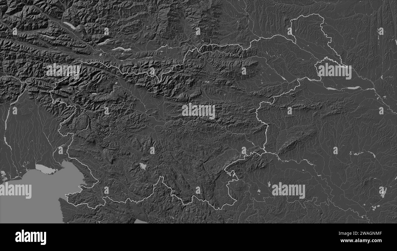Slovenia outlined on a Bilevel elevation map with lakes and rivers ...
