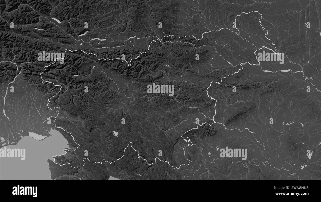 Slovenia outlined on a Grayscale elevation map with lakes and rivers ...
