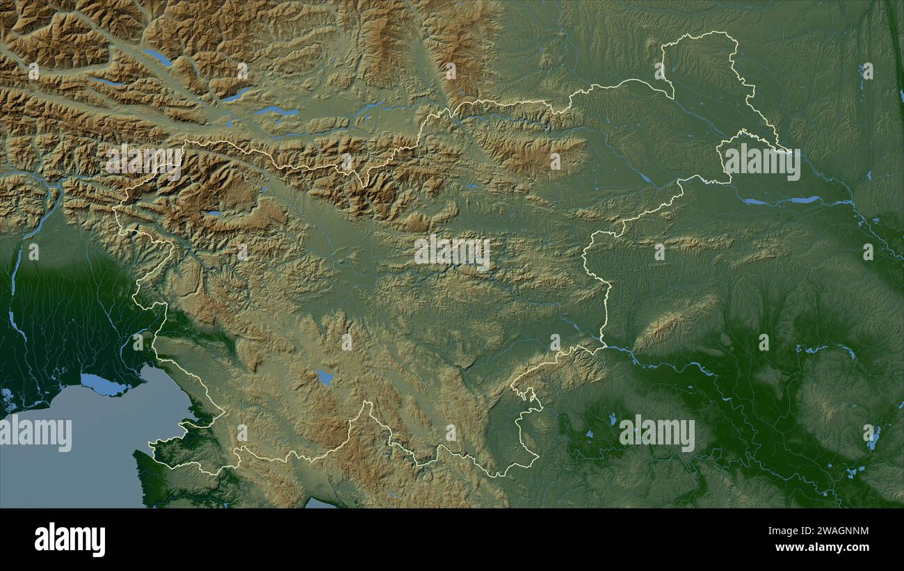 Slovenia outlined on a Colored elevation map with lakes and rivers ...