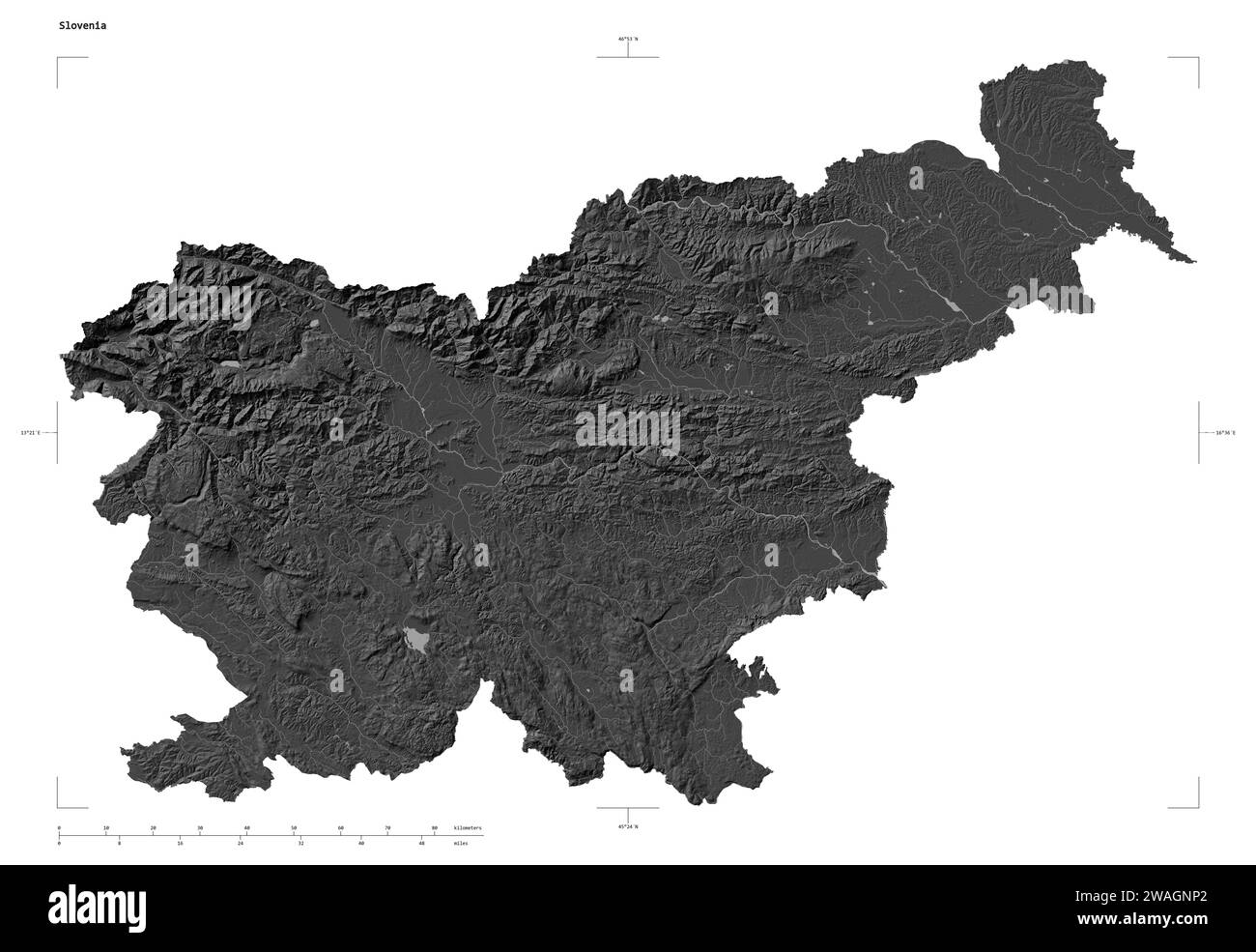 Shape of a Bilevel elevation map with lakes and rivers of the Slovenia, with distance scale and ...