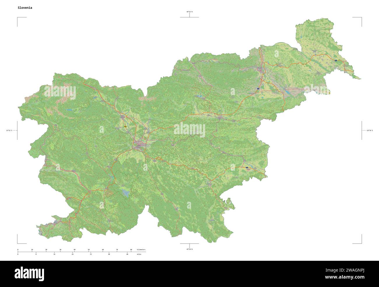 Shape of a topographic, OSM Germany style map of the Slovenia, with distance scale and map ...