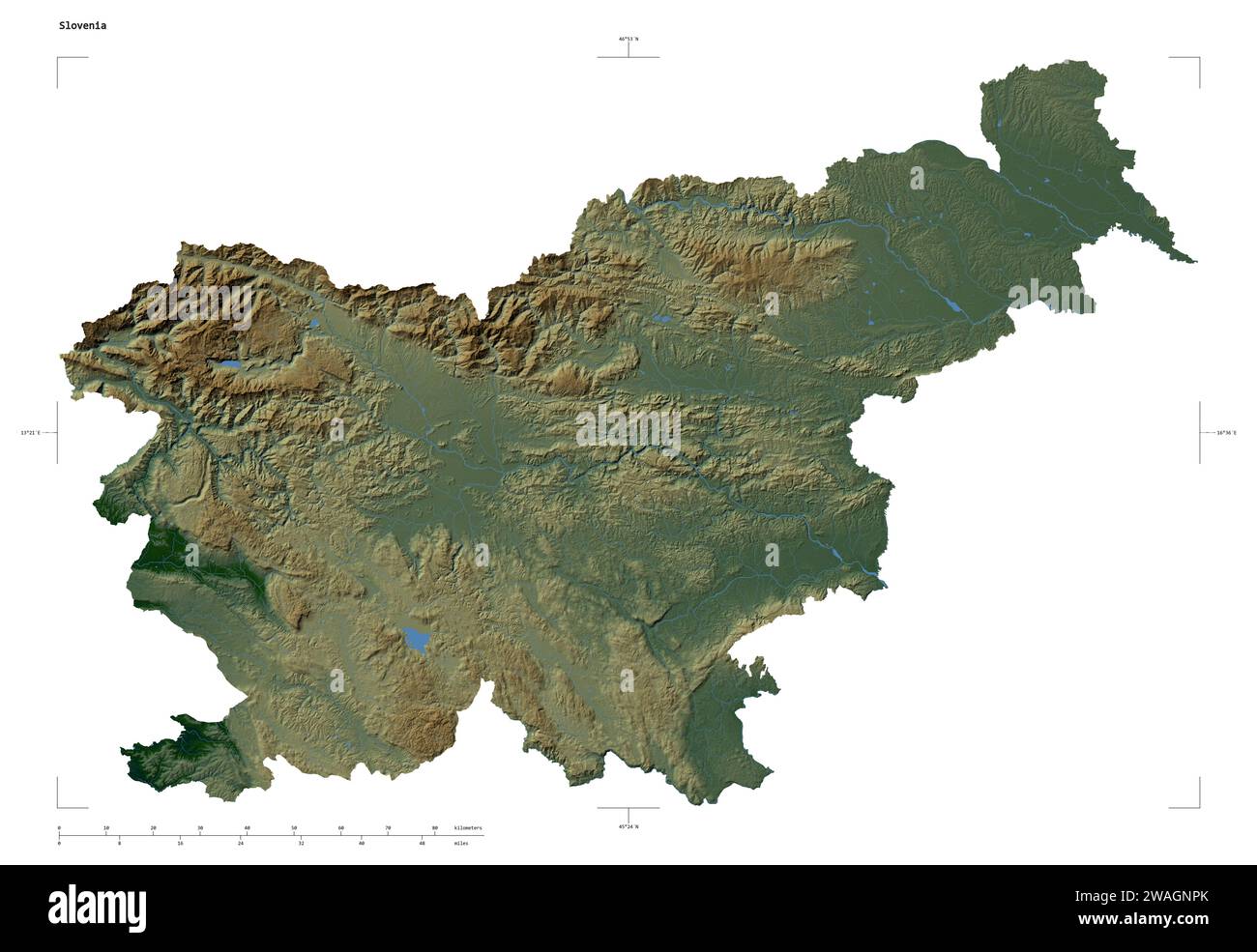 Shape of a Colored elevation map with lakes and rivers of the Slovenia, with distance scale and ...