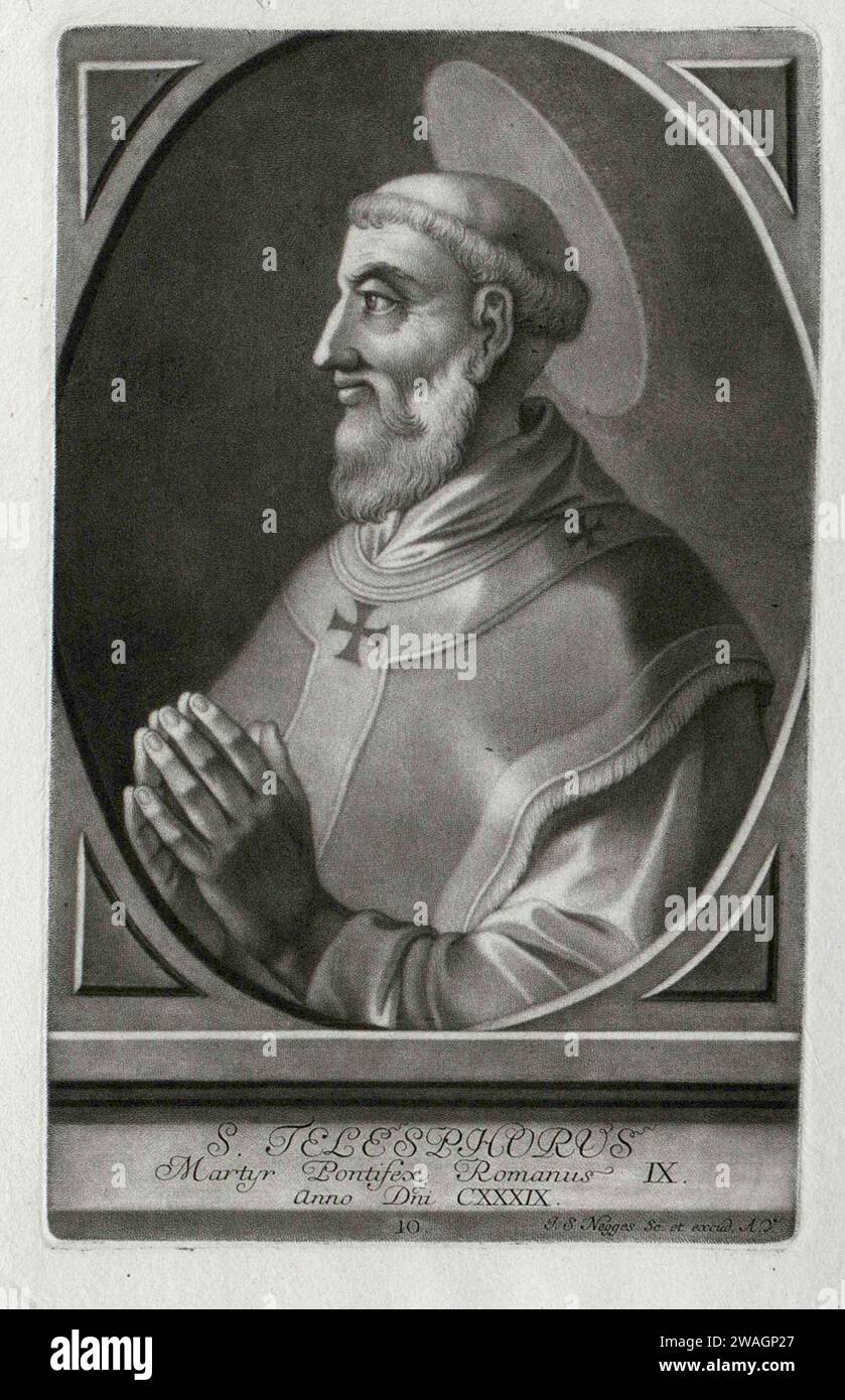 A 17th Century engraving of Pope Telesphorus who was pontiff from AD125 ...