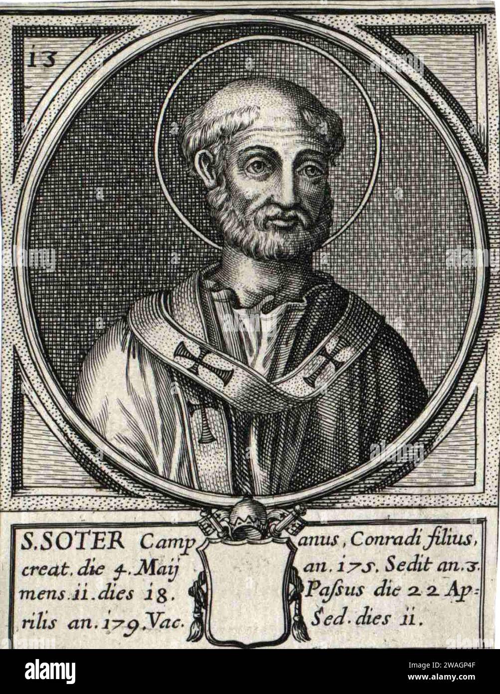 A 17th Century illustration of Pope Soter, who was pontiff from AD166 ...