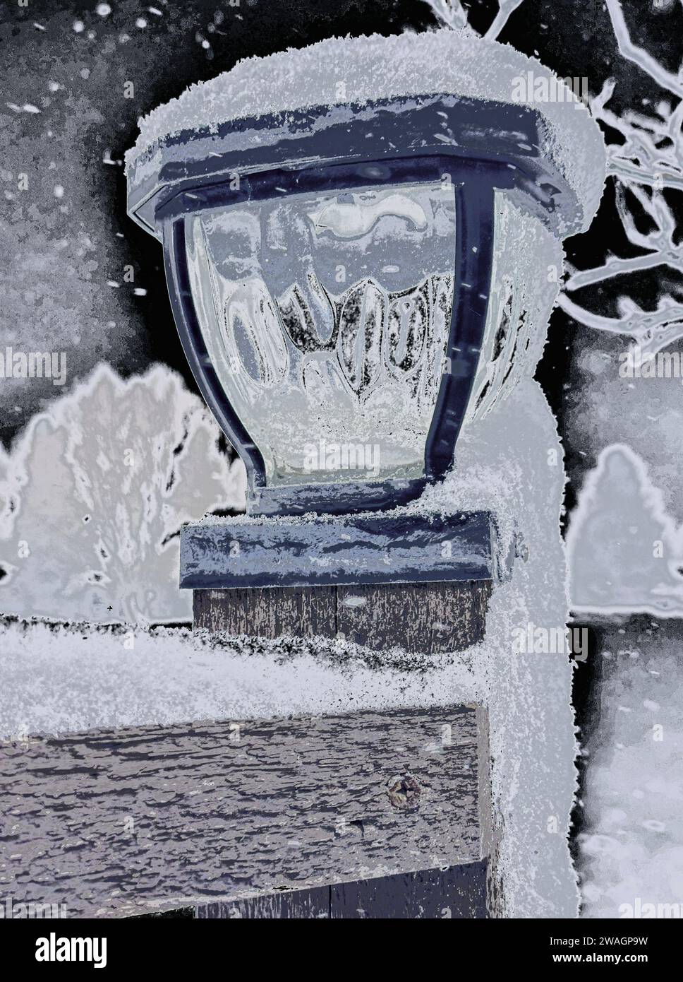 Lamppost covered with snow shows trees in silhouette in the distance ...