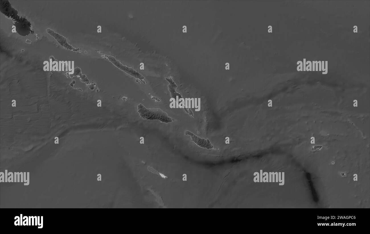 Solomon Islands highlighted on a Grayscale elevation map with lakes and ...