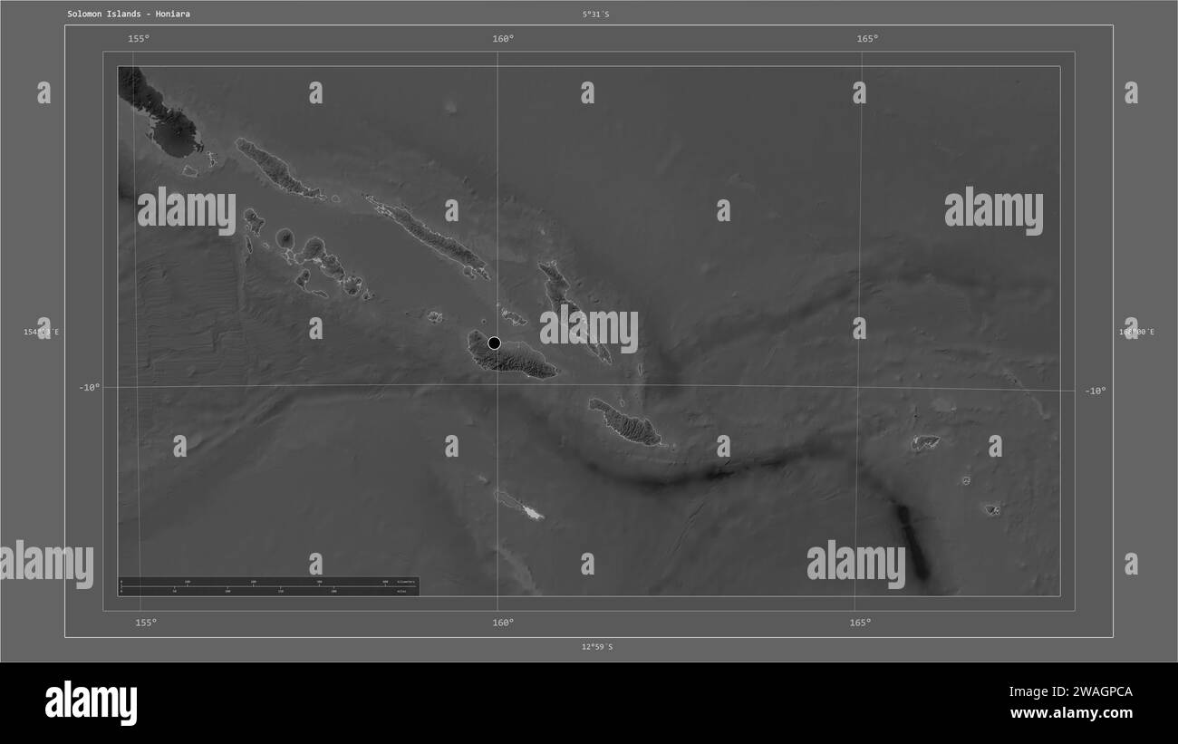 Solomon Islands highlighted on a Grayscale elevation map with lakes and rivers map with the ...
