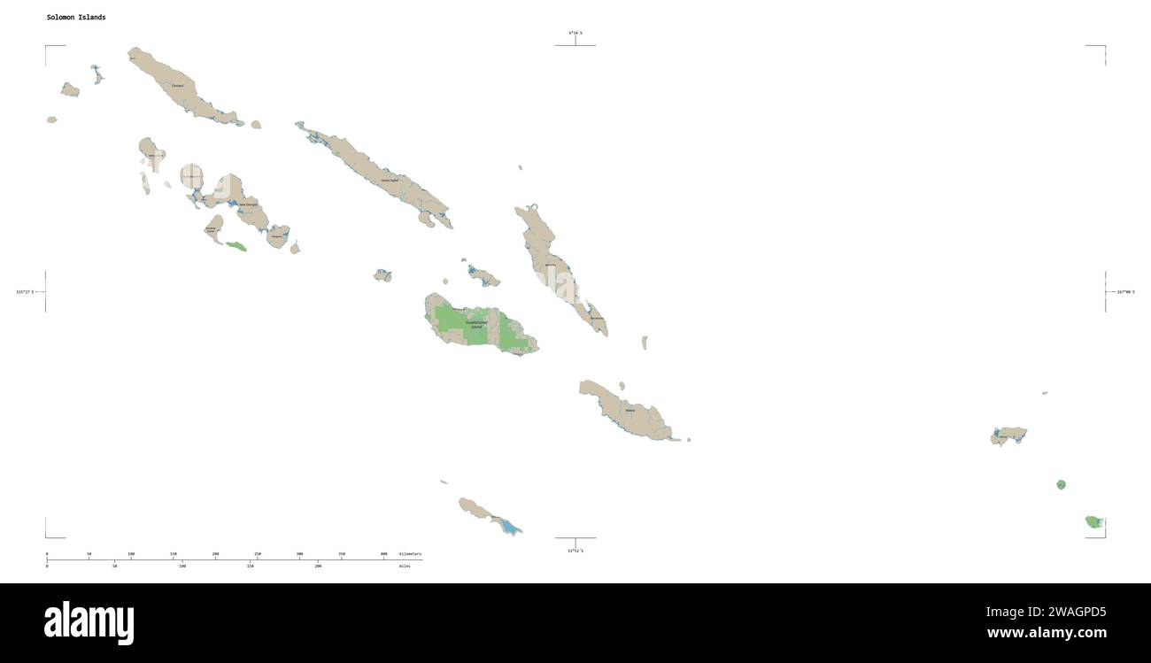 Shape of a topographic, OSM Germany style map of the Solomon Islands, with distance scale and ...