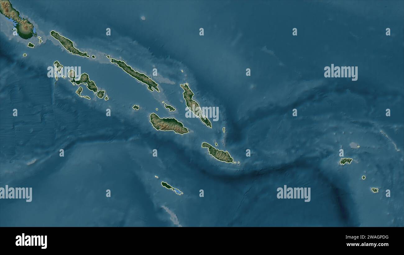 Solomon Islands outlined on a Colored elevation map with lakes and ...