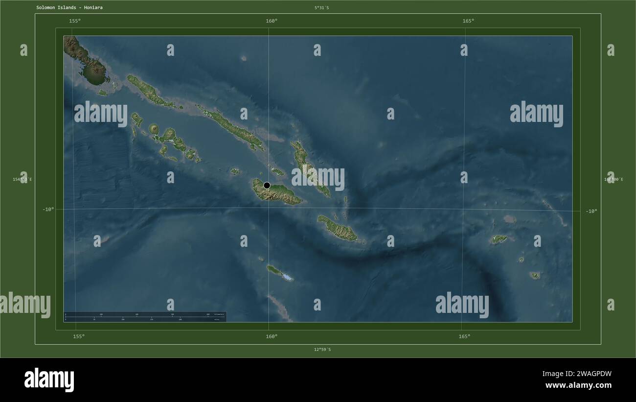 Solomon Islands highlighted on a Pale colored elevation map with lakes ...