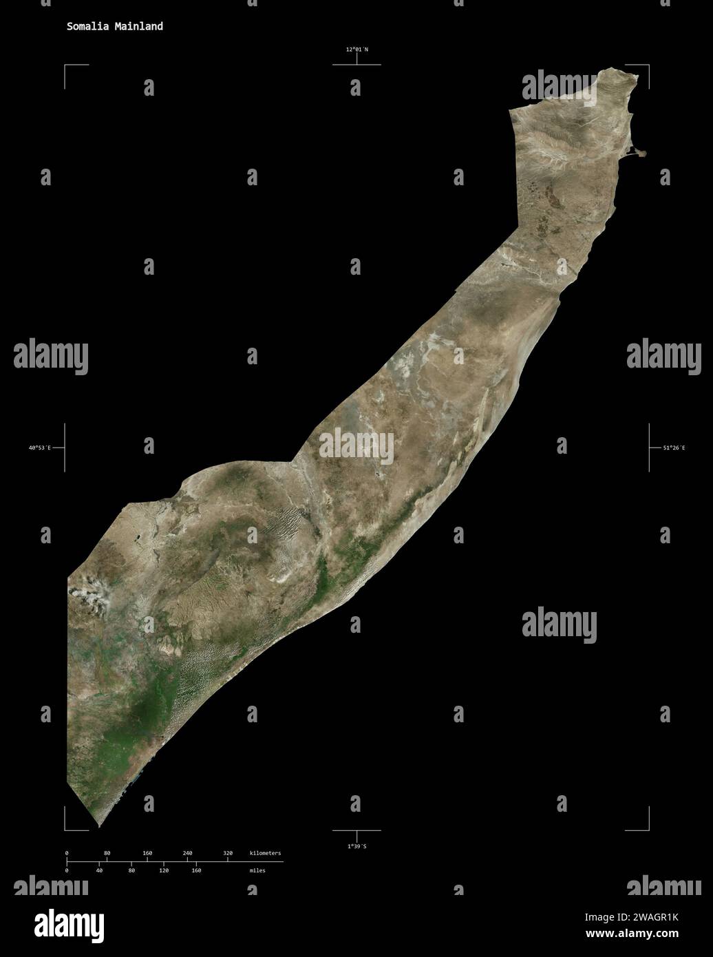 Shape of a high resolution satellite map of the Somalia Mainland, with ...