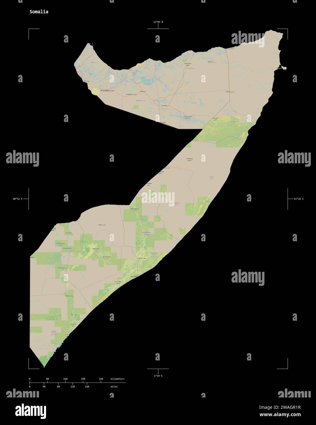 Shape of a topographic, OSM standard style map of the Somalia, with ...