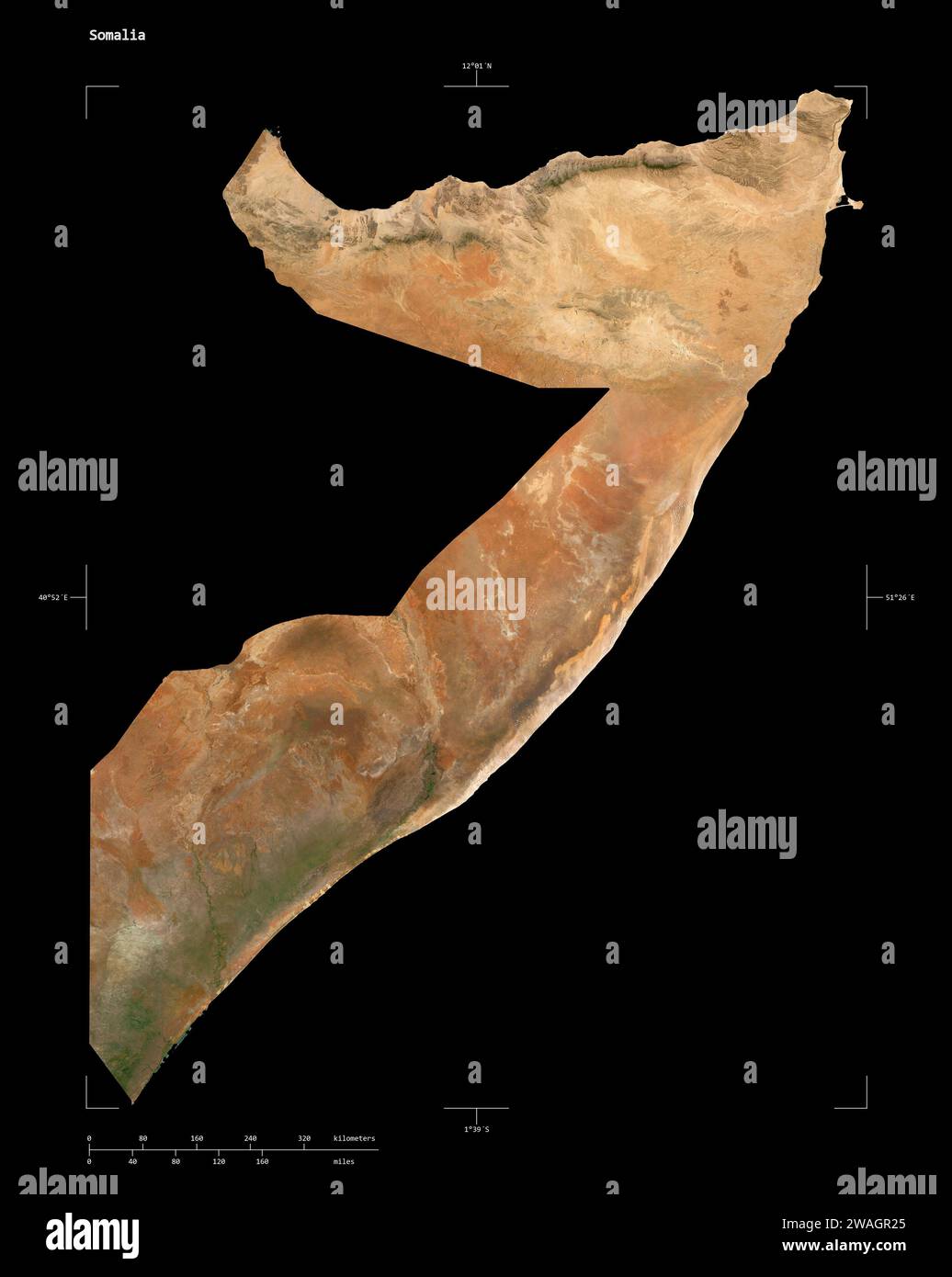 Shape of a low resolution satellite map of the Somalia, with distance ...