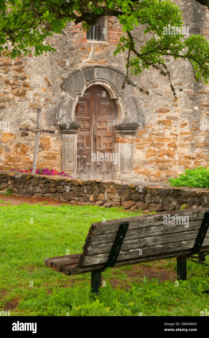 Mission Espada church with bench, San Antonio Missions National ...