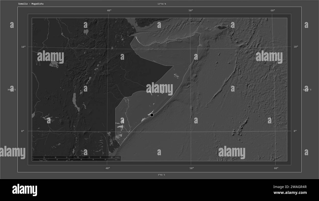 Somalia highlighted on a Bilevel elevation map with lakes and rivers ...