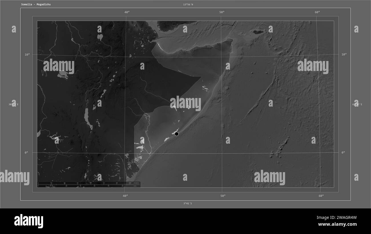 Somalia highlighted on a Grayscale elevation map with lakes and rivers ...