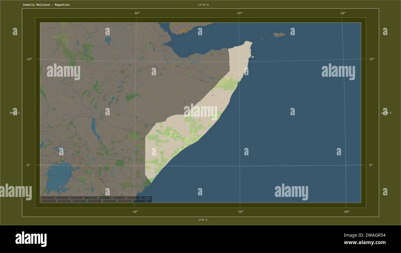 Somalia Mainland highlighted on a topographic, OSM standard style map ...