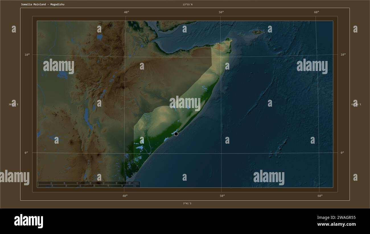 Somalia Mainland highlighted on a Colored elevation map with lakes and ...