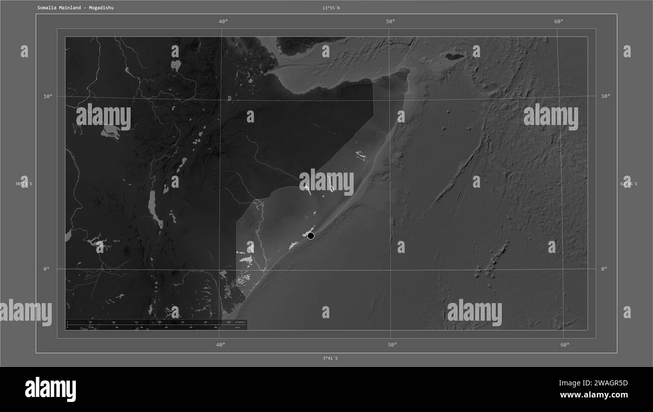 Somalia Mainland highlighted on a Grayscale elevation map with lakes and rivers map with the ...