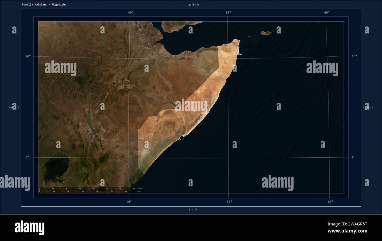 Somalia Mainland highlighted on a low resolution satellite map map with ...