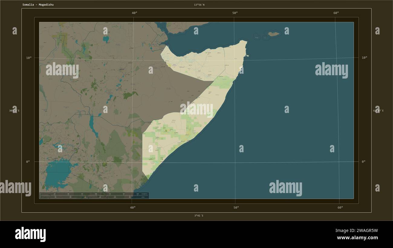Somalia highlighted on a topographic, OSM Humanitarian style map map ...