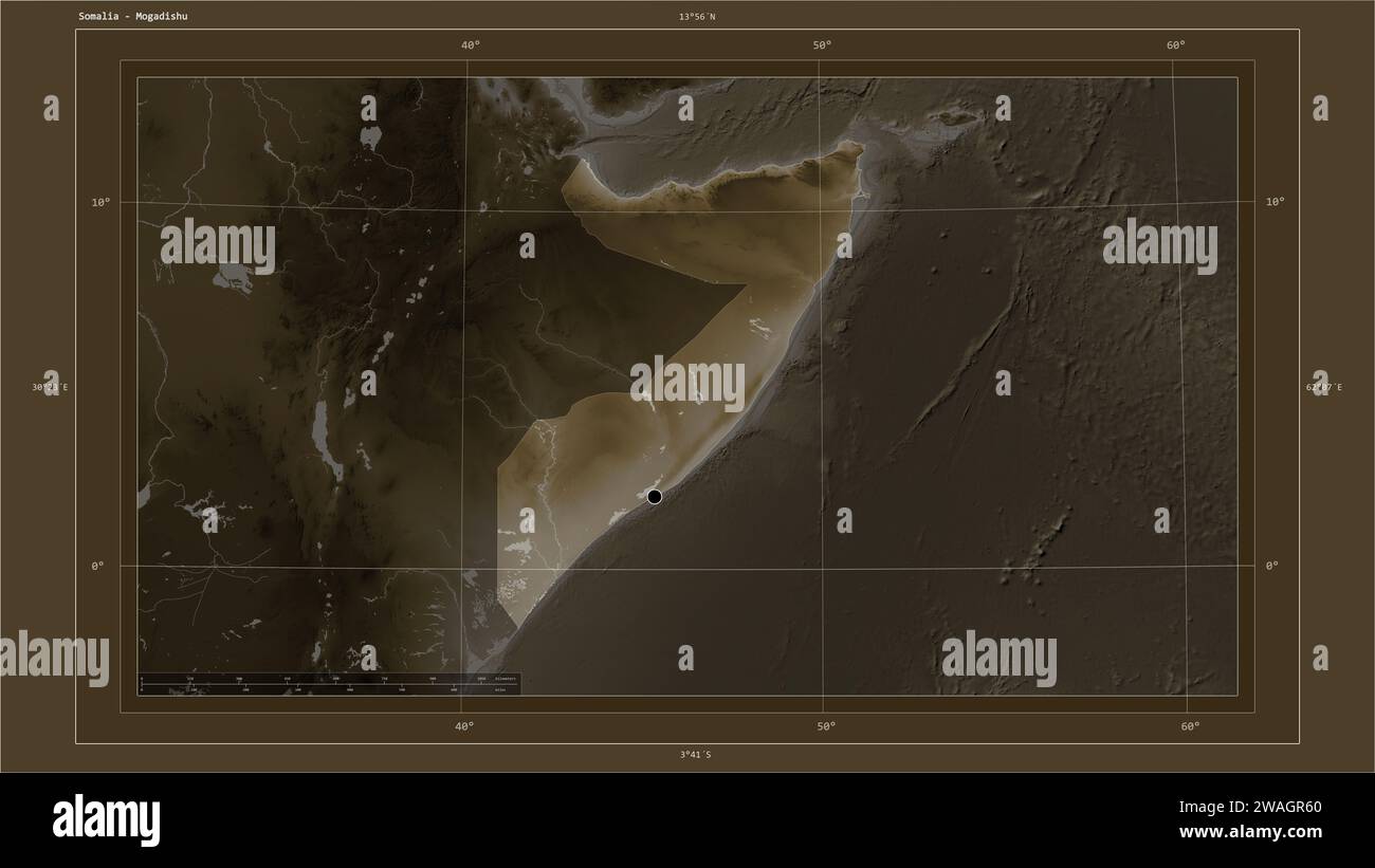 Somalia highlighted on a elevation map colored in sepia tones with ...