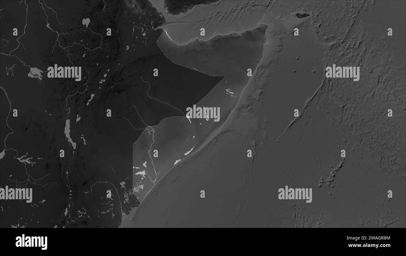 Somalia highlighted on a Grayscale elevation map with lakes and rivers ...