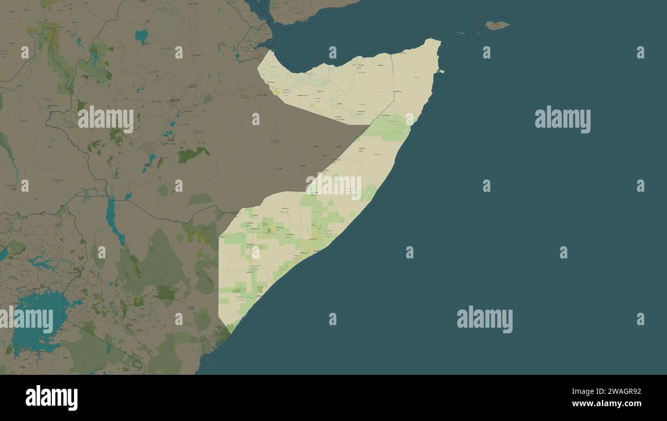 Somalia highlighted on a topographic, OSM Humanitarian style map Stock ...