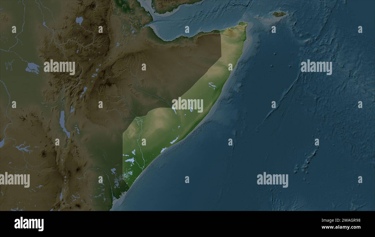 Somalia Mainland highlighted on a Pale colored elevation map with lakes ...