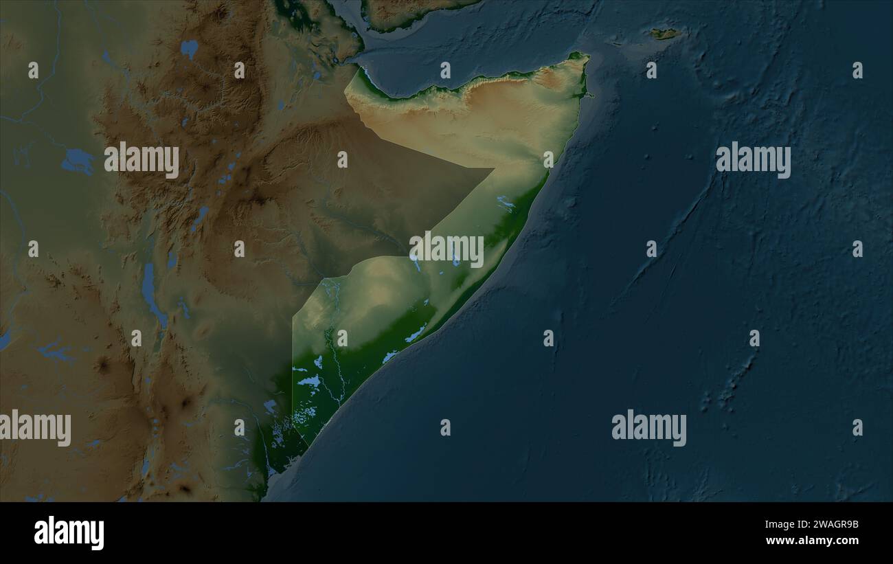Somalia highlighted on a Colored elevation map with lakes and rivers ...
