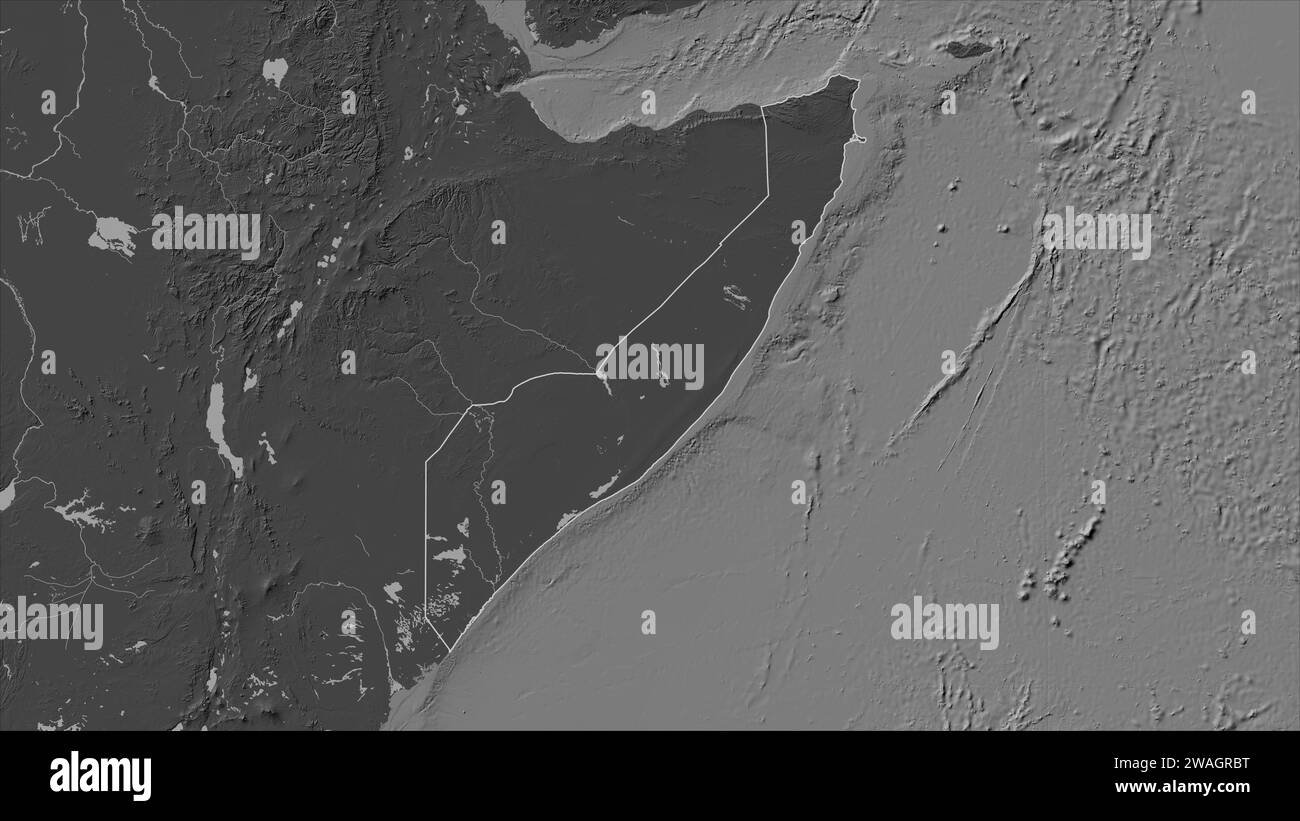 Somalia Mainland outlined on a Bilevel elevation map with lakes and rivers Stock Photo - Alamy