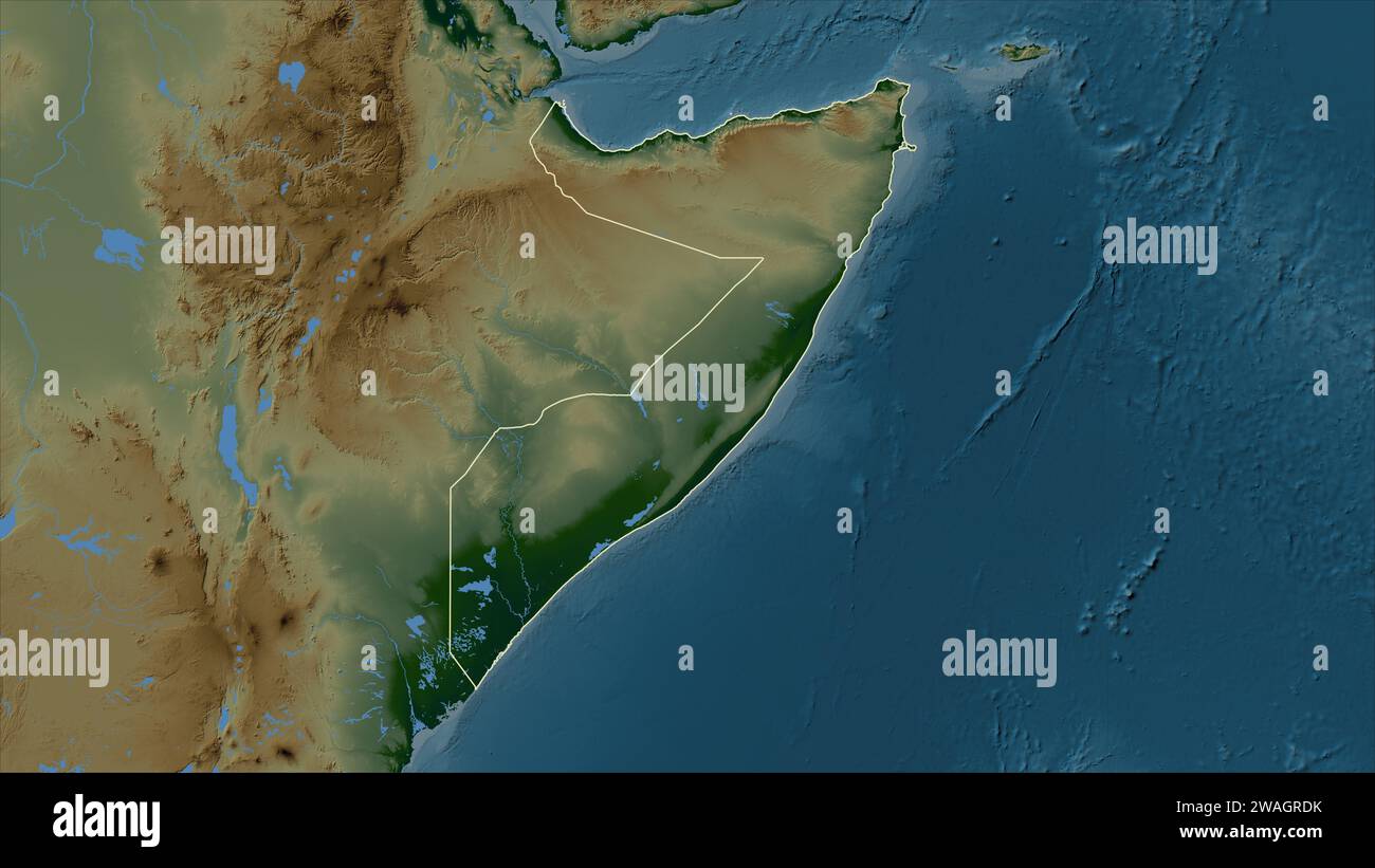Somalia outlined on a Colored elevation map with lakes and rivers Stock ...