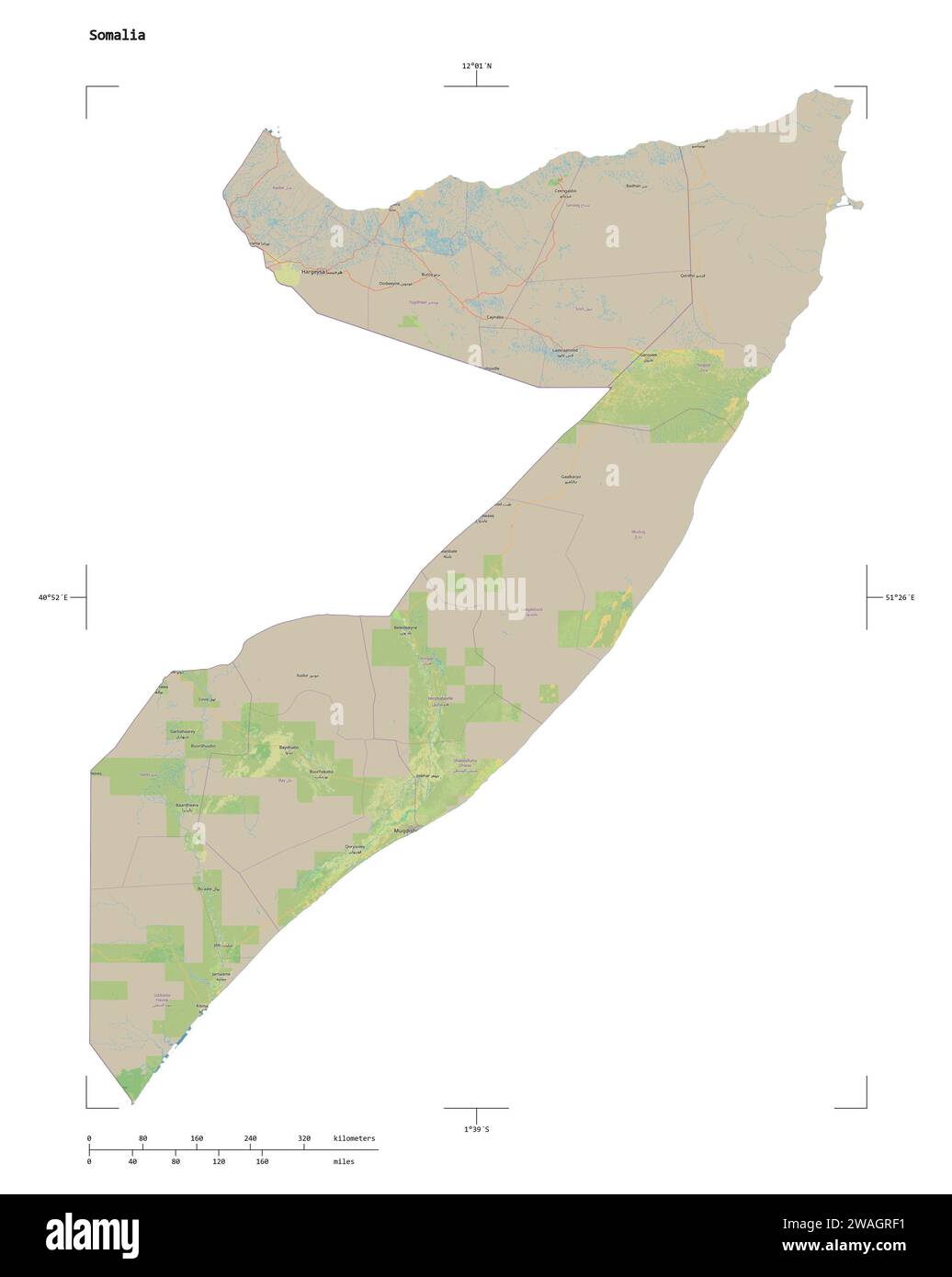 Shape of a topographic, OSM standard style map of the Somalia, with ...
