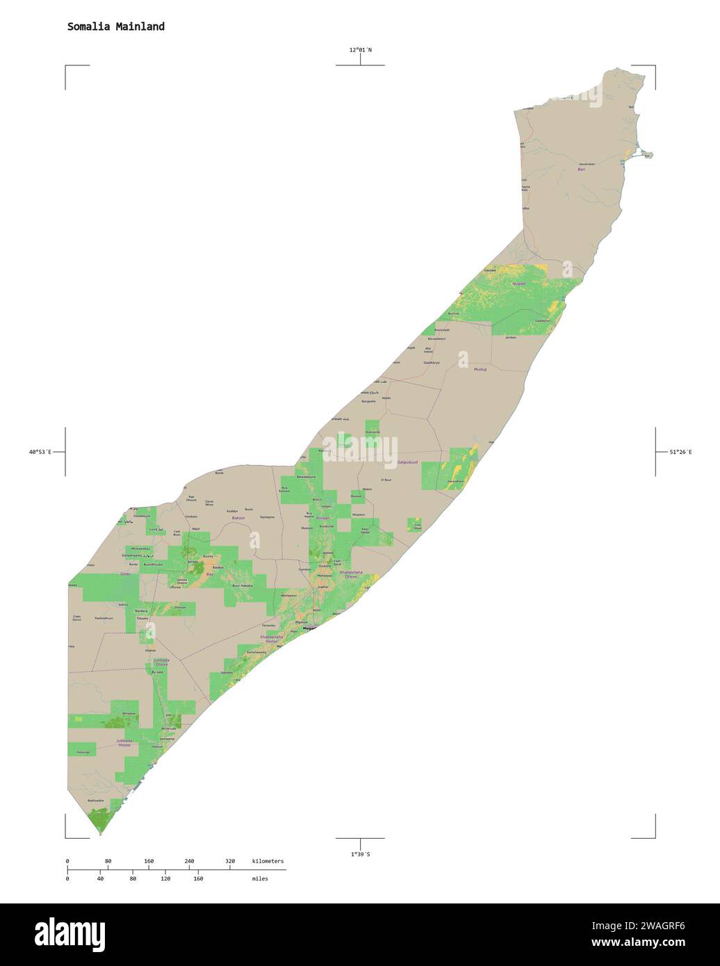 Shape of a topographic, OSM France style map of the Somalia Mainland ...
