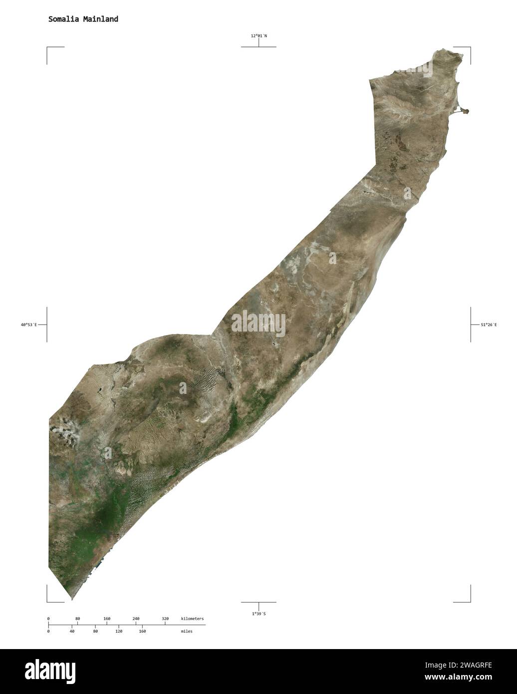 Shape of a high resolution satellite map of the Somalia Mainland, with ...