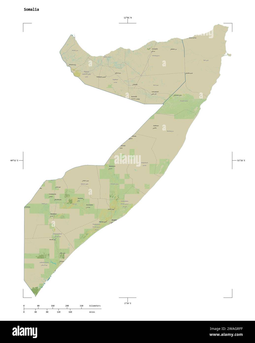 Shape of a topographic, OSM Humanitarian style map of the Somalia, with ...