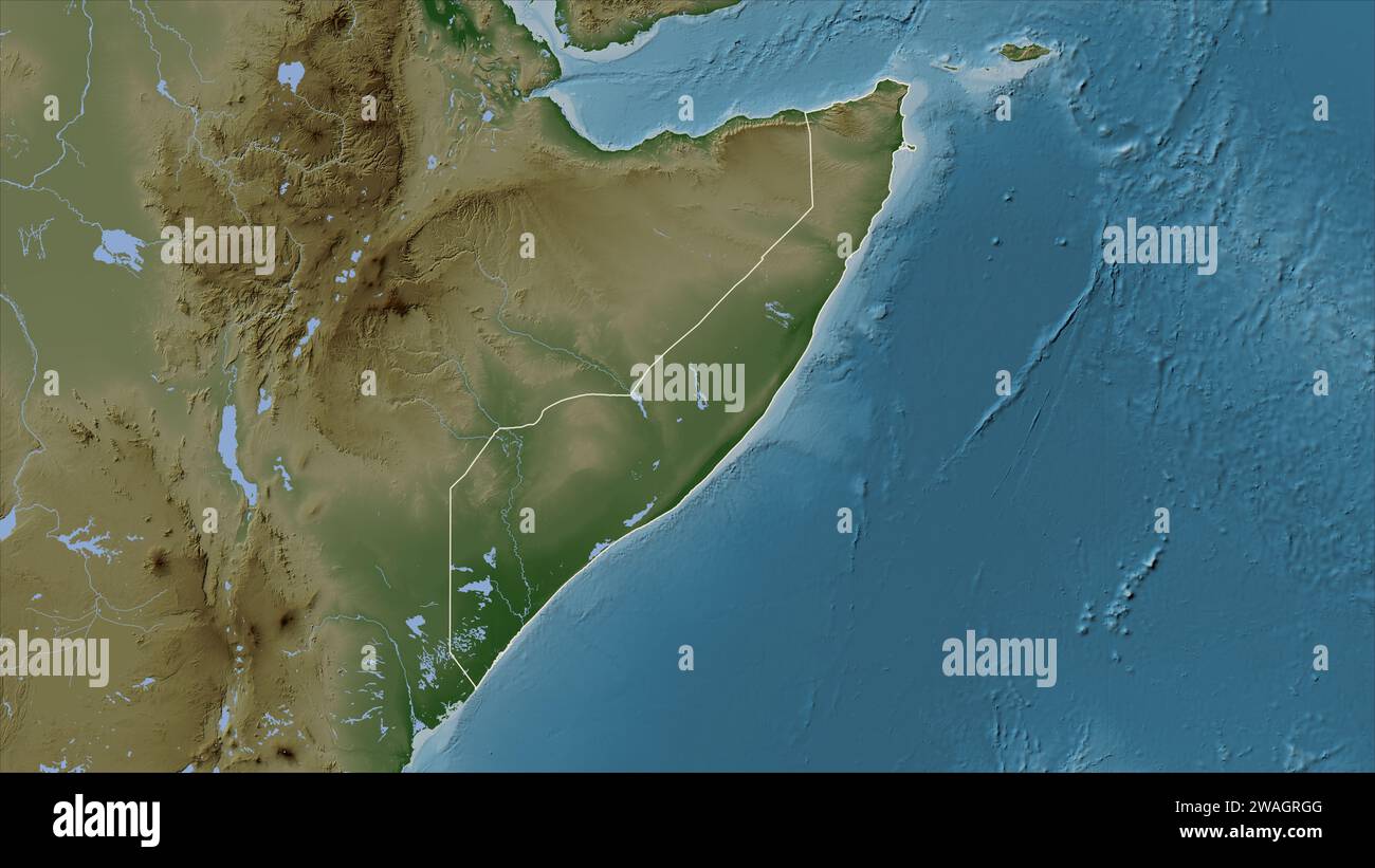Somalia Mainland outlined on a Pale colored elevation map with lakes ...