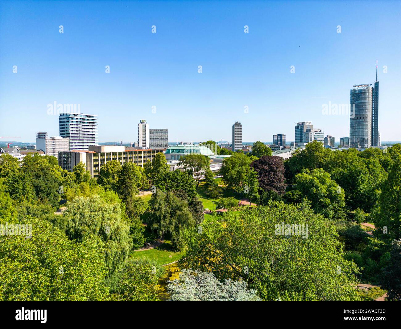 The skyline of Essen city centre, with the RWE Tower on the right and ...