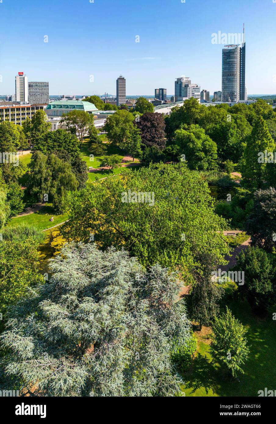 The skyline of Essen city centre, with the RWE Tower on the right and ...