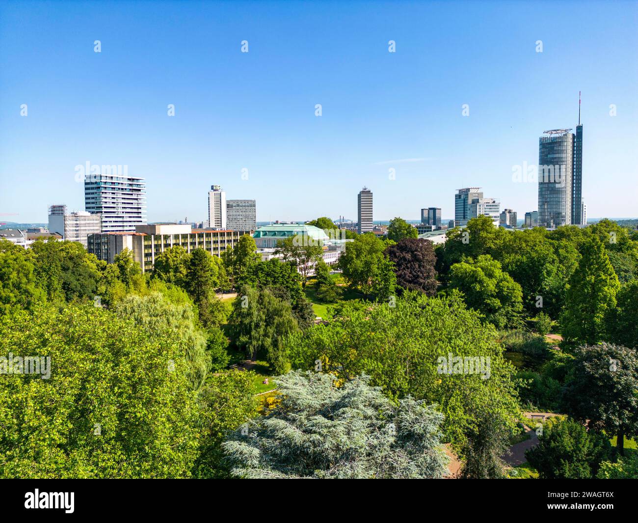 The skyline of Essen city centre, with the RWE Tower on the right and ...