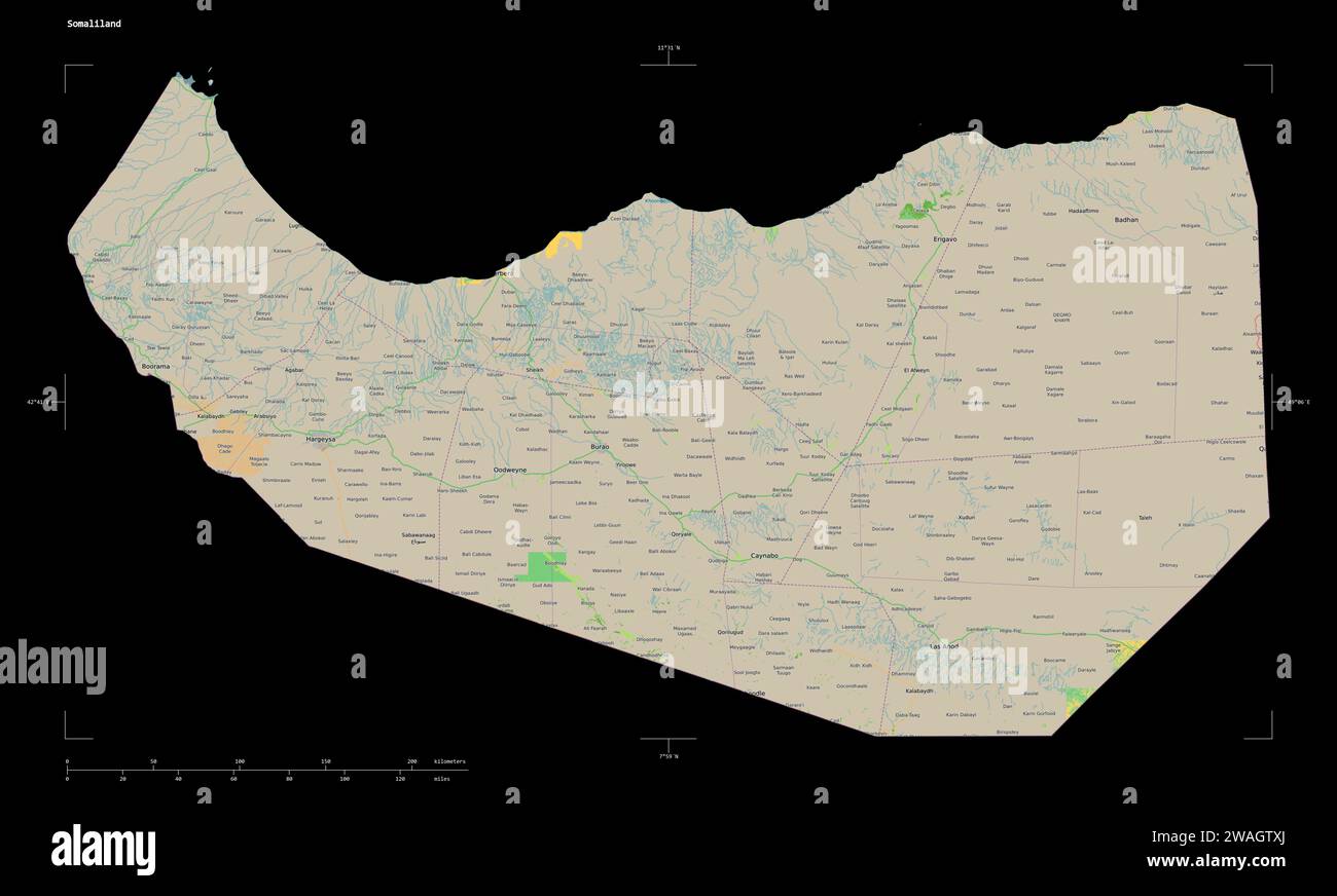 Shape of a topographic, OSM France style map of the Somaliland, with ...